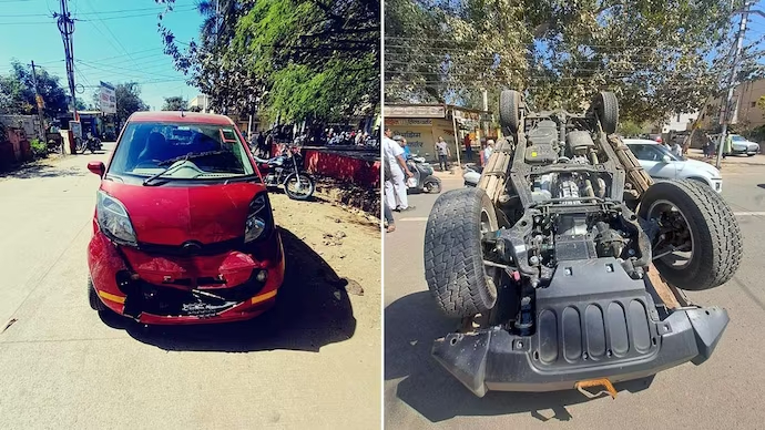 Mahindra Thar overturns after a collision with a Tata Nano, leaves ...