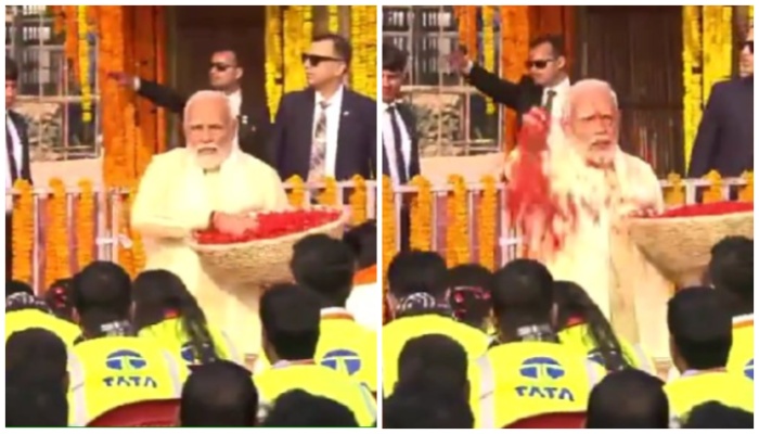 Ram Mandir Pran Pratishtha ceremony: PM Modi showers flowers on Ram Mandir construction workers
